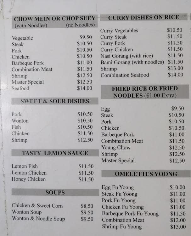 Menu at East Star Takeaways, New Zealand