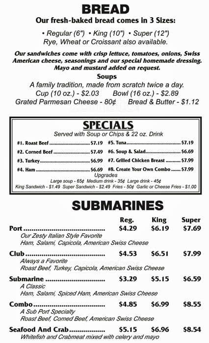 Menu at Submarine Port fast food, South Holland, 617 E 162nd St