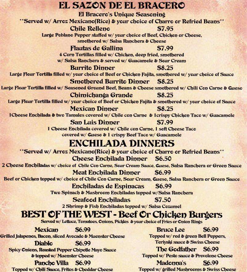 Menu at Braceros Mexican Grill & Bar, Amarillo