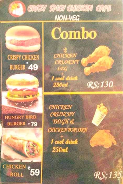 Menu of Crazy Spicy Chicken Cafe, Hesaraghatta, Bangalore