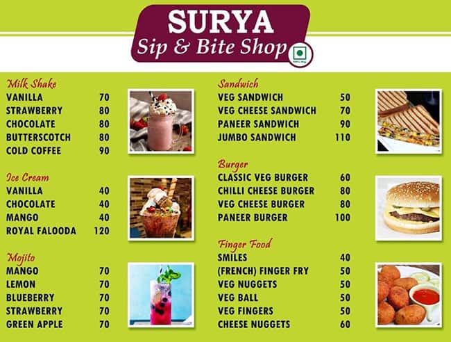 Menu of Surya Sip & Bite Shop, Main Guard Gate, Trichy