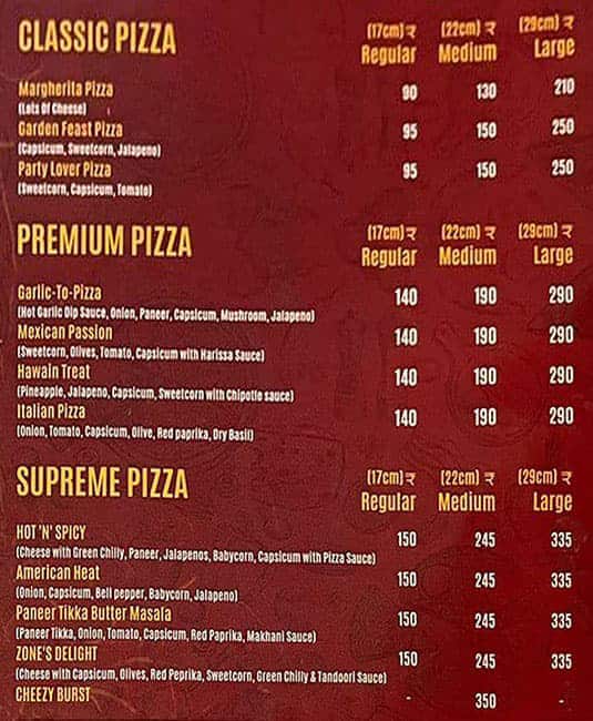 Menu at Pizza Zone, Gangtok