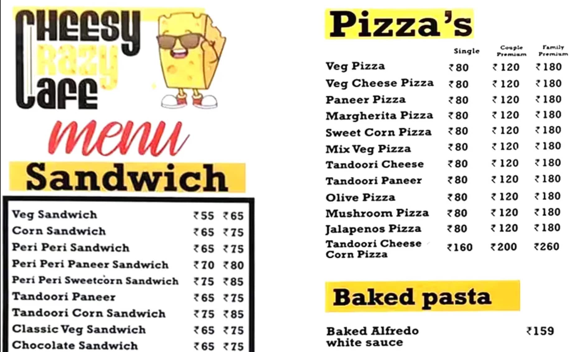 Menu of Cheesy Crazy, Basavanagudi, Bangalore