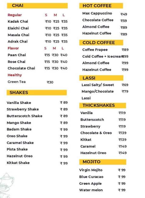 Menu of Tea Max Cafe, Sector 15, Panchkula