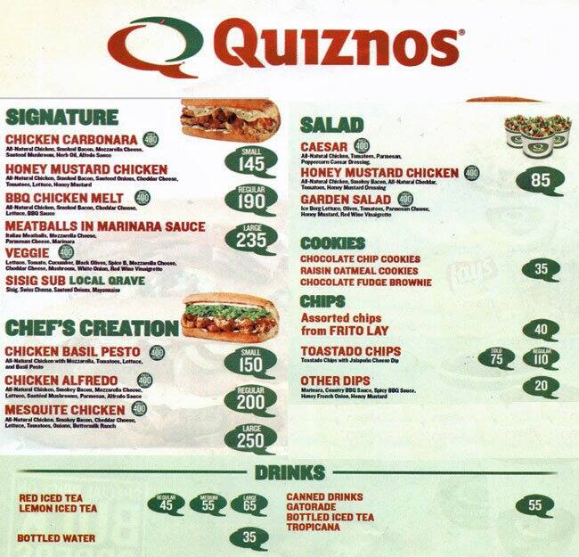 Menu at Quiznos restaurant, Taguig, H22X+4RR