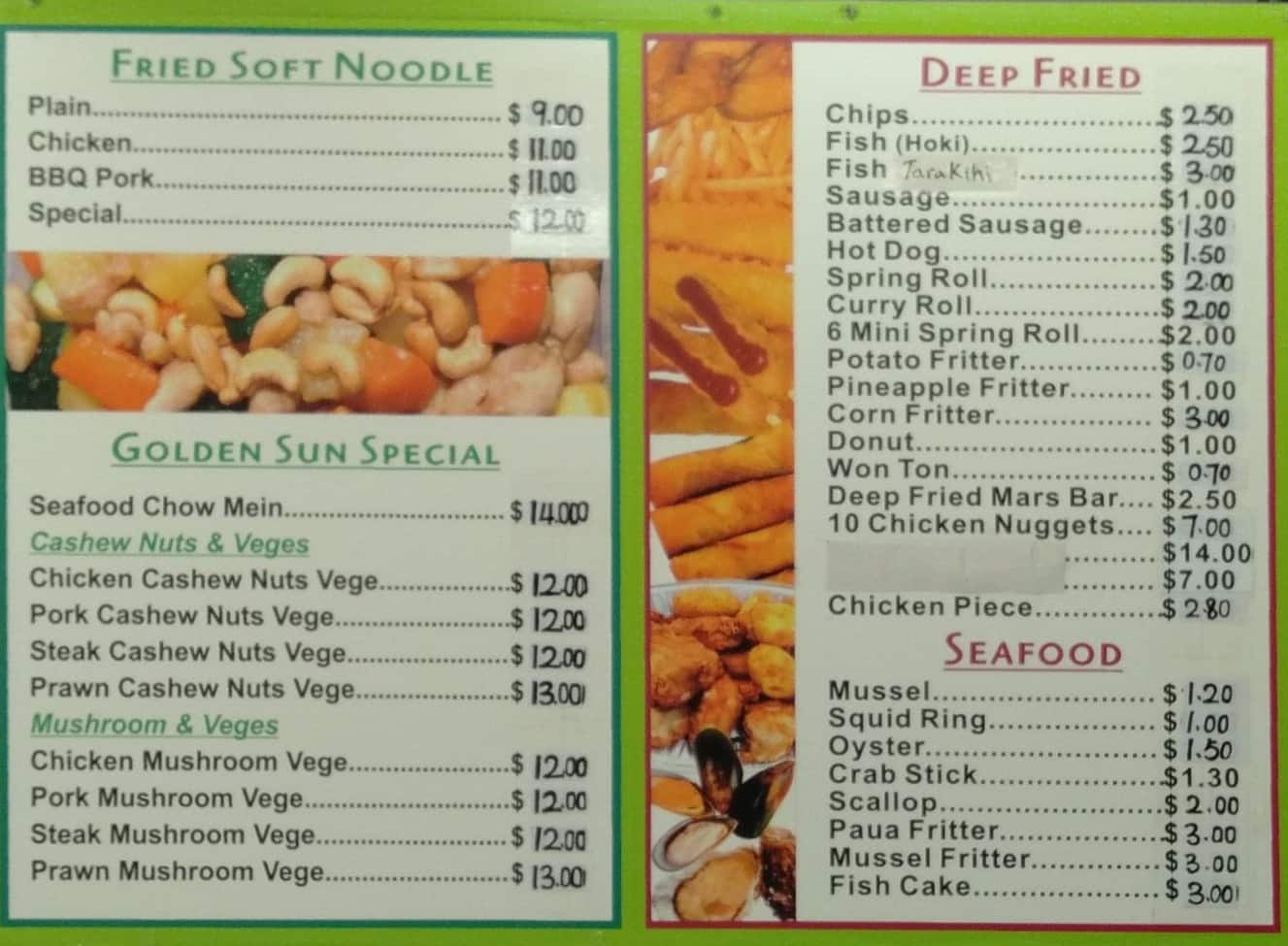 Menu at Golden Sun Takeaways fast food, Auckland, 61 St George St
