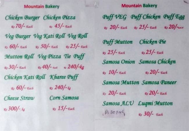 Menu of Mountain Bakery, Banjara Hills, Hyderabad