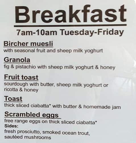 Menu at Coffea Coffee restaurant, Melbourne