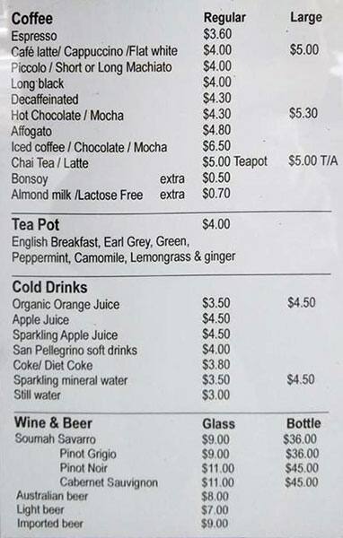 Menu at Coffea Coffee restaurant, Melbourne