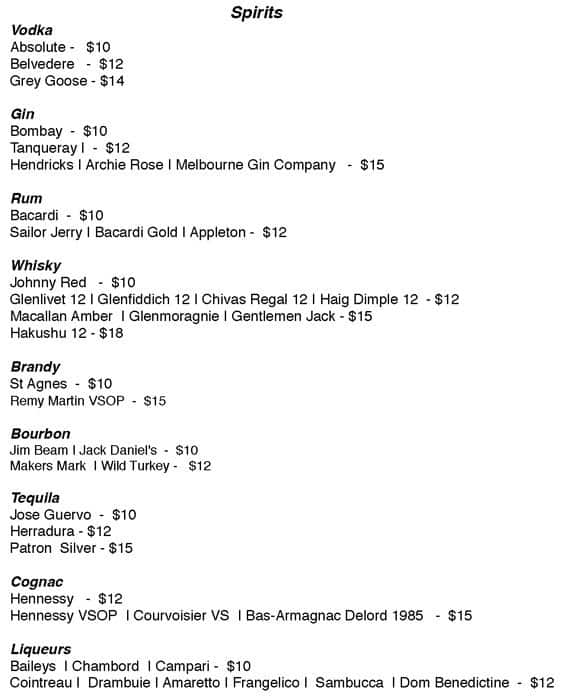 Menu at Paris Cat Jazz Club, Melbourne