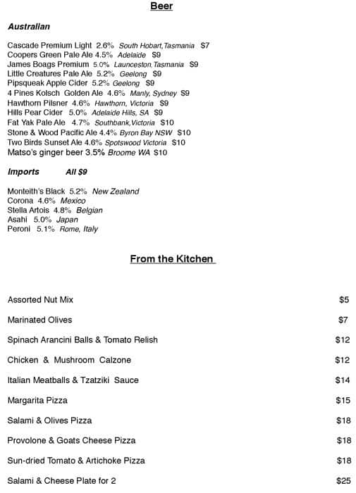 Menu at Paris Cat Jazz Club, Melbourne