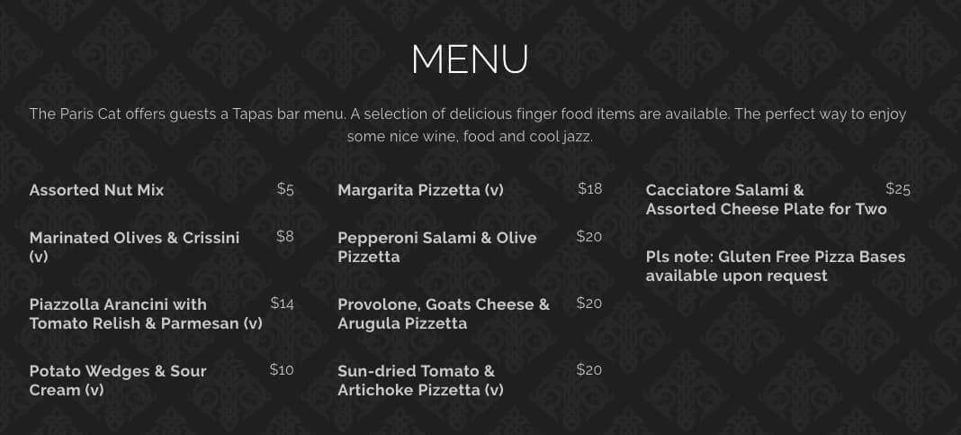 Menu at Paris Cat Jazz Club, Melbourne