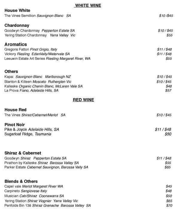 Menu at Paris Cat Jazz Club, Melbourne