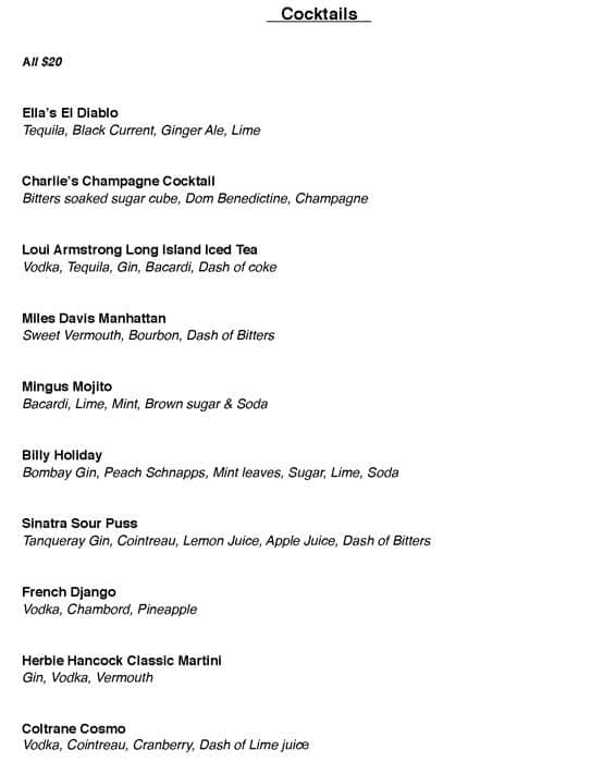 Menu at Paris Cat Jazz Club, Melbourne