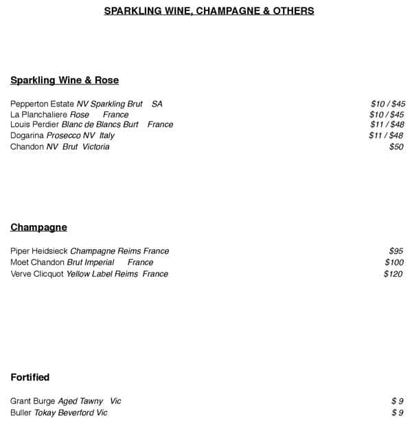 Menu at Paris Cat Jazz Club, Melbourne