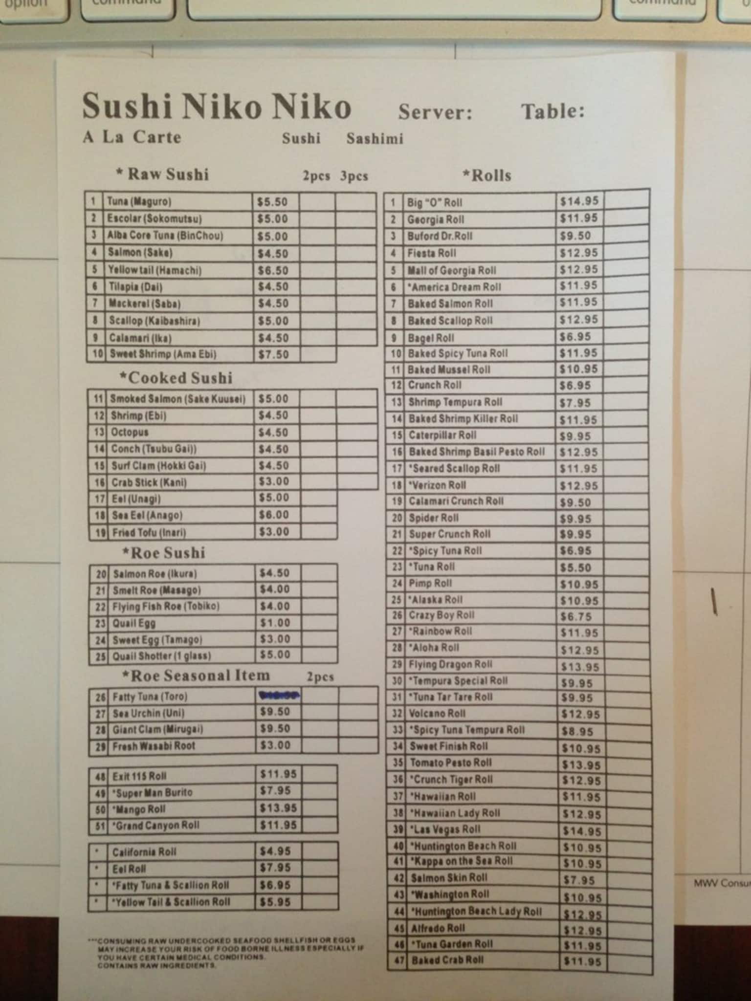 Menu at Sushi Niko Niko restaurant, Buford