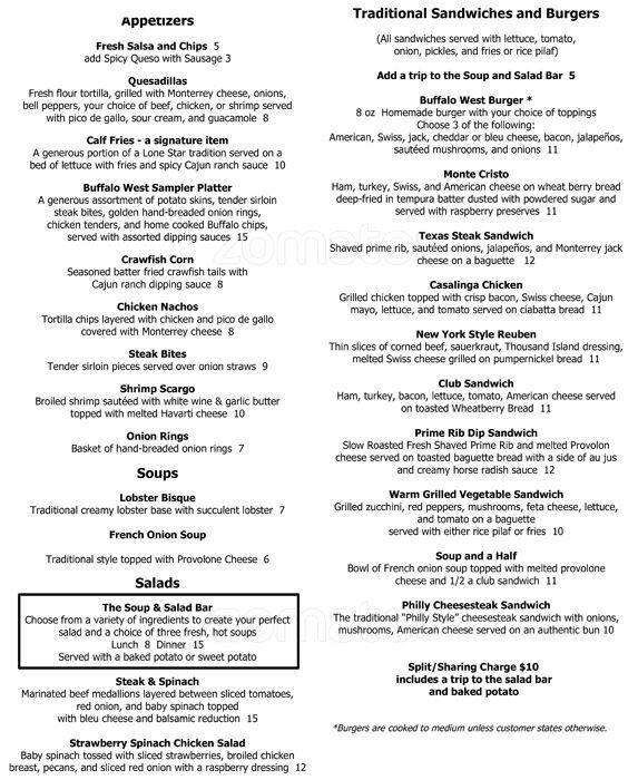 Menu at Buffalo West pub & bar, Fort Worth, Camp Bowie W Blvd