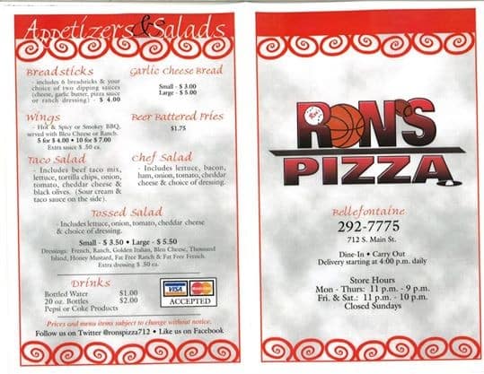 Menu at Ron's Pizza Of Bellefontaine pub & bar, Bellefontaine