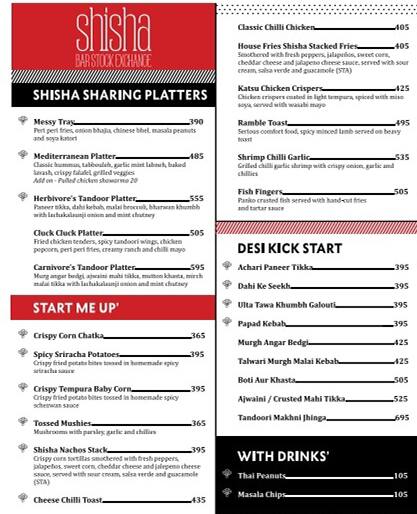 Menu at Shisha Bar Stock Exchange, Kolkata