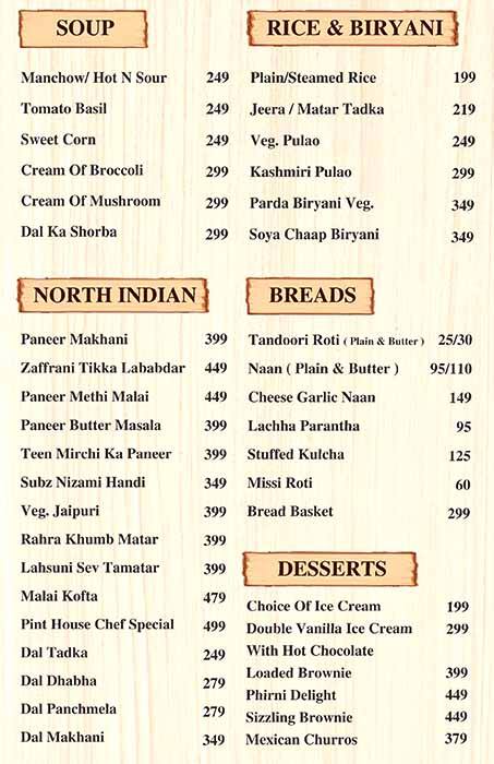 Menu of Pint House, Sodala, Jaipur