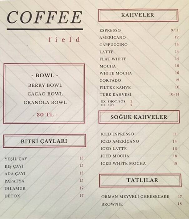 Menu at Field Moda, Istanbul
