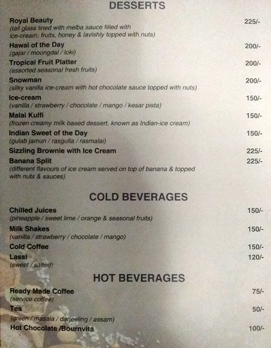 Menu at MPT Tansen Residency, Gwalior