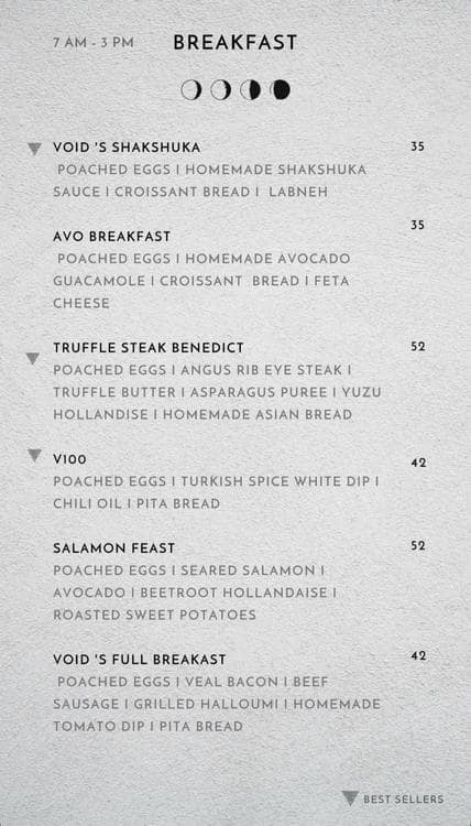 Menu at VOID cafe, Abu Dhabi