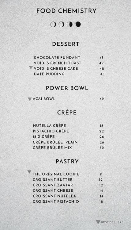 Menu at VOID cafe, Abu Dhabi