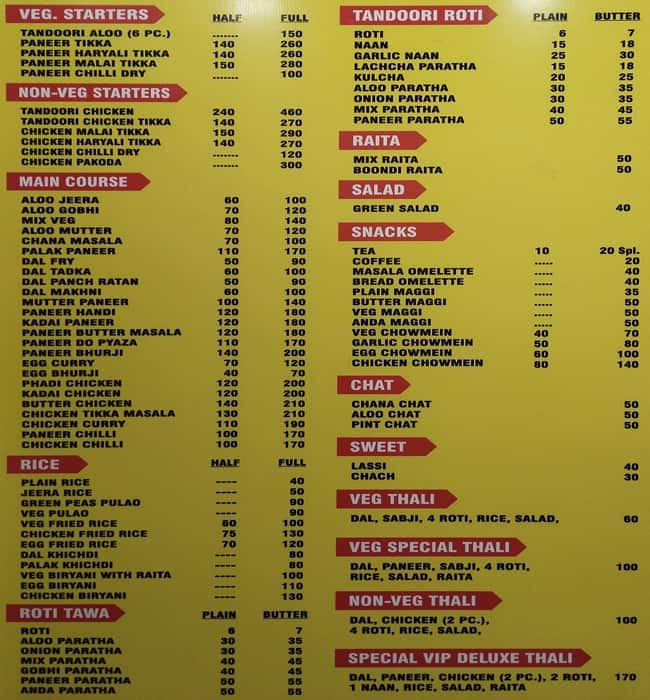 Menu of Apna Dhaba, West Patel Nagar, New Delhi