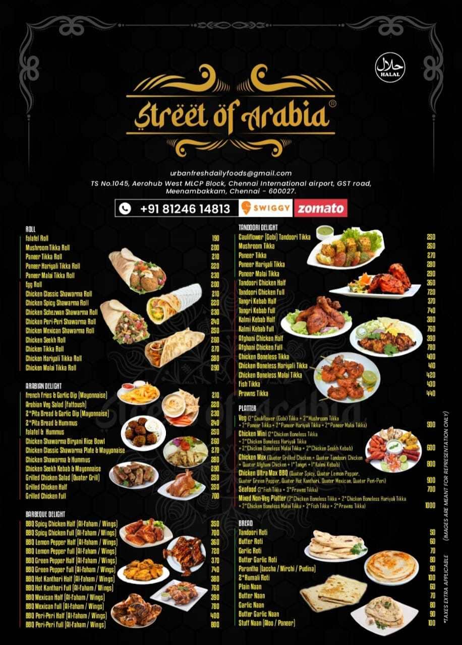 Menu of Street Of Arabia, Meenambakkam, Chennai