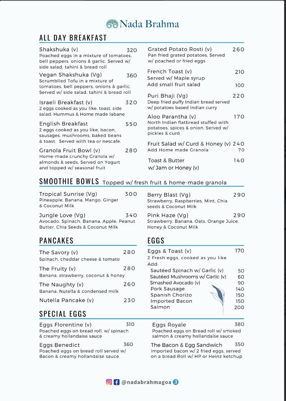 Menu of Nada Brahma, Palolem, Goa