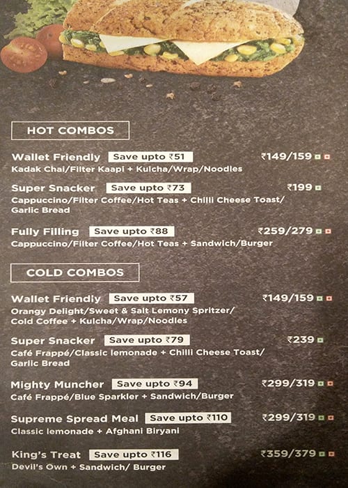 Menu at Cafe Coffee Day, Bengaluru, Sigma Mall