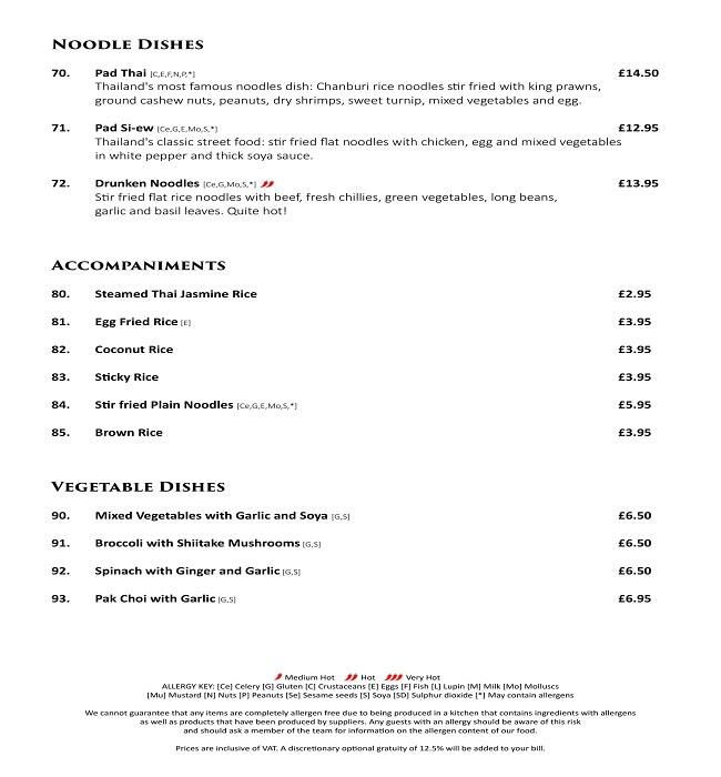 Menu at Thai Square restaurant, London, 21-24 Cockspur Street