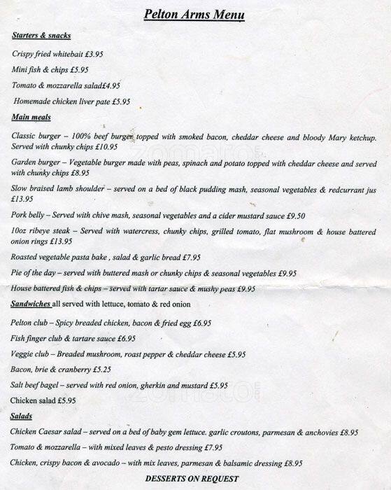 Menu at The Pelton Arms pub & bar, London, Pelton Rd