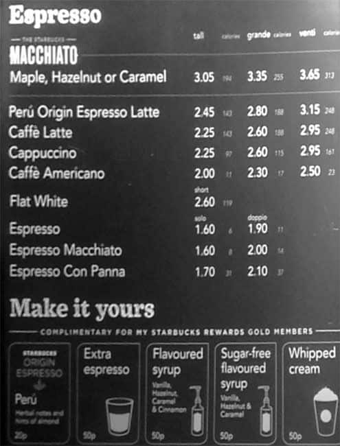 Menu at Starbucks Coffee cafe, Glasgow, Unit 162A