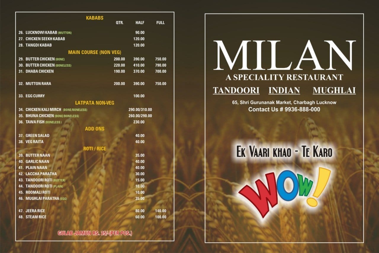 Menu at Milan Sweet House, Lucknow, Alambagh Chouraha, Alambagh