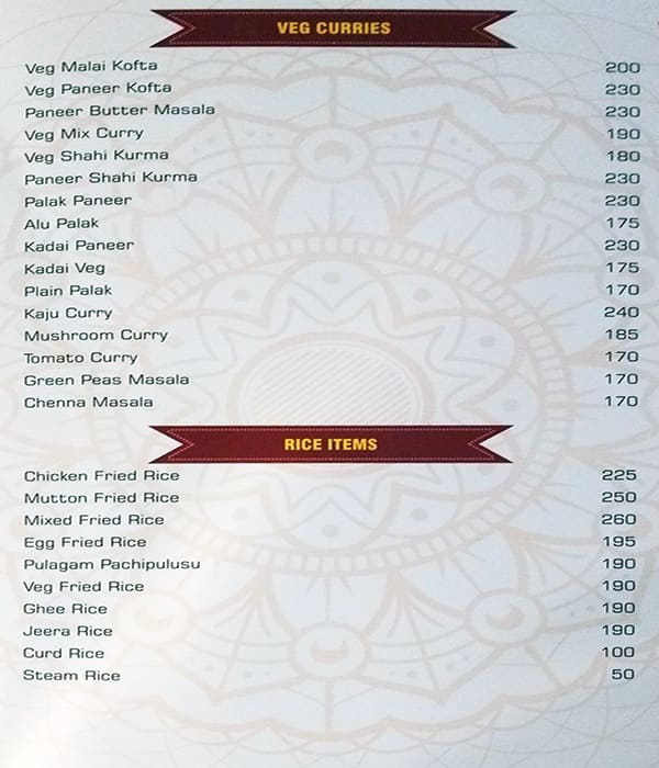 Menu at Kritunga, Hyderabad, near to RTO