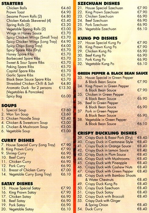 Menu at Sunflower fast food, Dublin