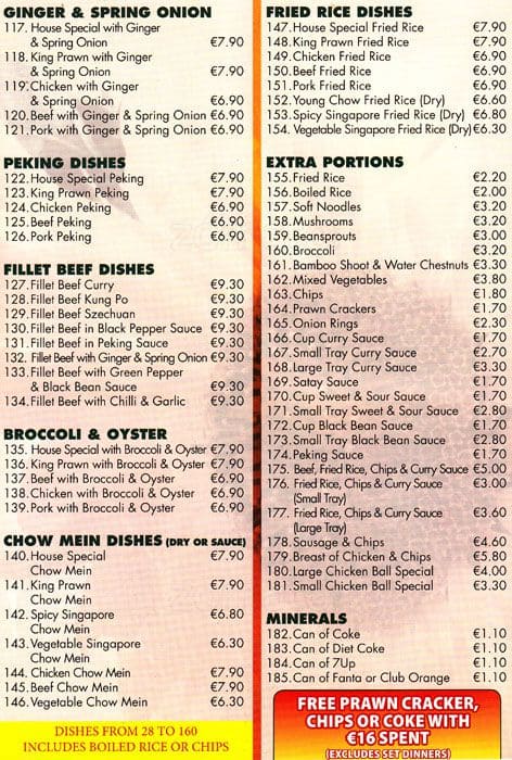 Menu at Sunflower fast food, Dublin