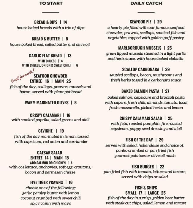 Menu at The Styx restaurant, Nelson