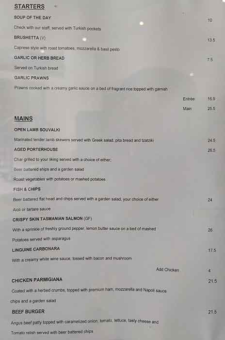 Menu at Metropole Cafe, Fitzroy