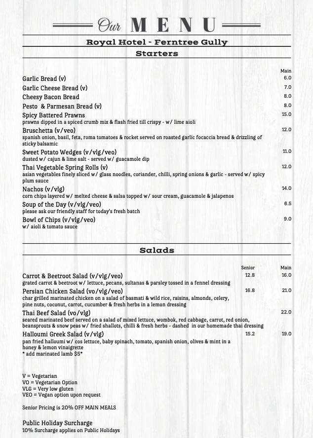 Menu at Royal FTG Hotel restaurant, Ferntree Gully