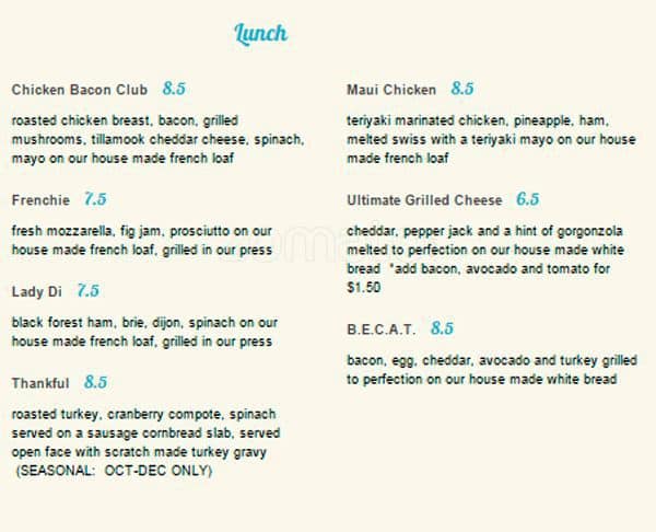 Menu at Alison's Coastal Coffee cafe, Seattle