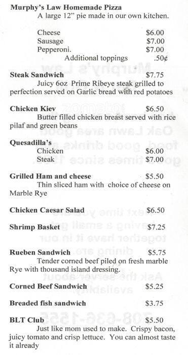 Menu at Murphy's Law Bar & Grill, Oak Lawn
