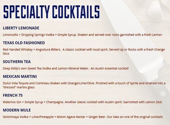 Menu at Liberty Tavern - Hilton Downtown pub & bar, Austin