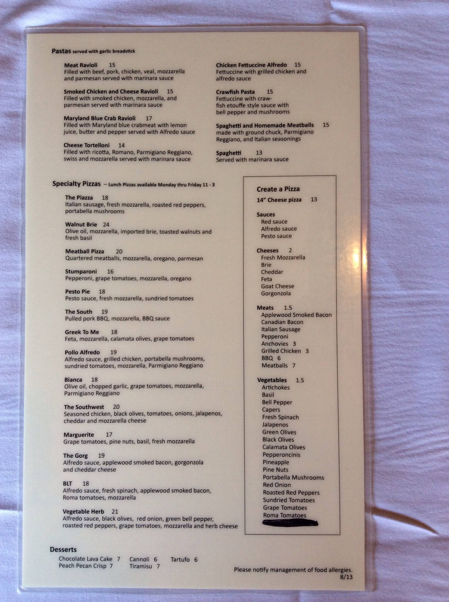 Menu at Cafe Piazza, Collierville, 139 S Rowlett St