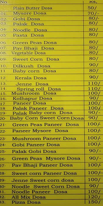 Menu of Bangalore 99 Variety Dosa, Koramangala 8th Block, Bangalore