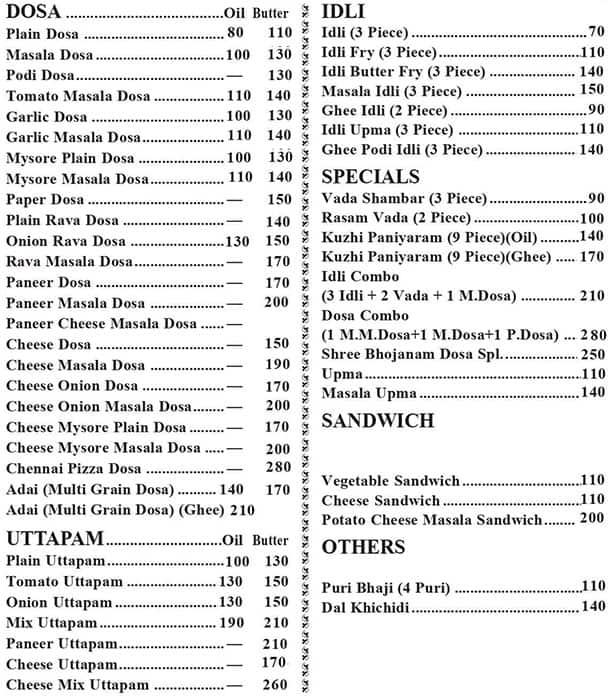 Menu of Shree Bhojanam, Kankaria, Ahmedabad