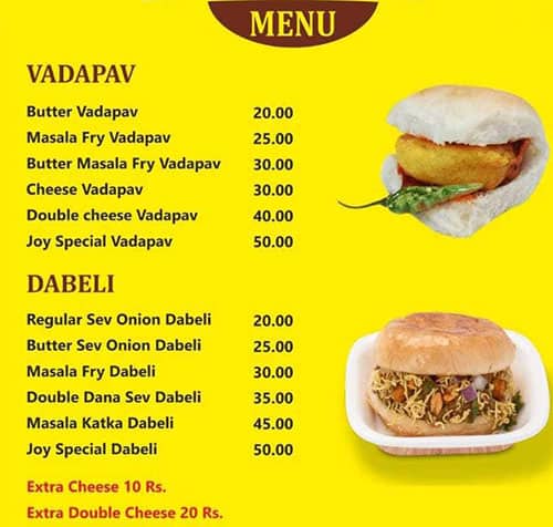 Menu at JOY VADAPAV & DABELI, Vadodara