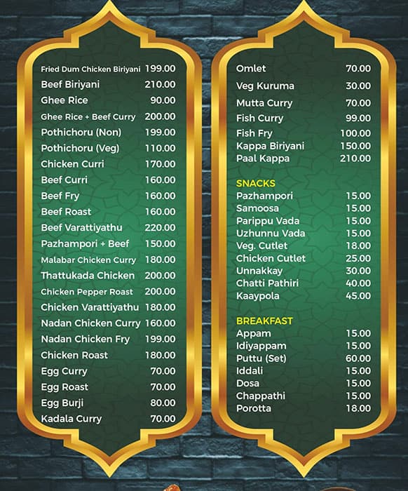 Menu of Ayesha's Kitchen, Pallimukku, Kochi